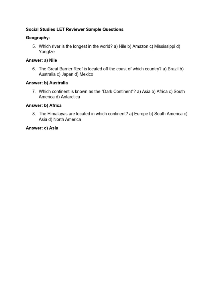 Social Studies LET Reviewer Sample Questions-Geography | PDF