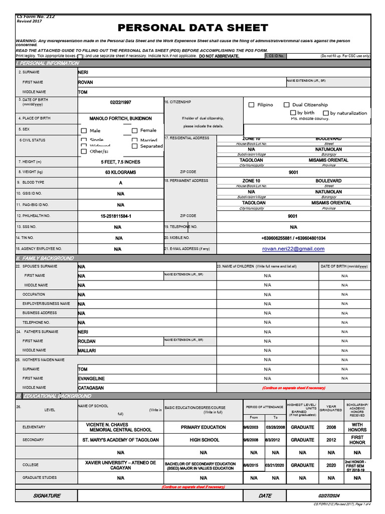 CS Form No. 212 Personal Data Sheet Revised (2 - 27 - 24) | PDF ...