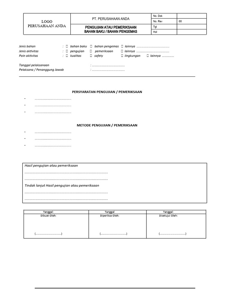 Form 14 Pengujian Pemeriksaan Bahan Baku Pengemas Pdf Karier