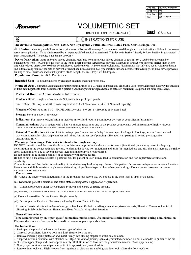 15.0 IFU - Volumetric Set | PDF | Intravenous Therapy | Clinical Medicine