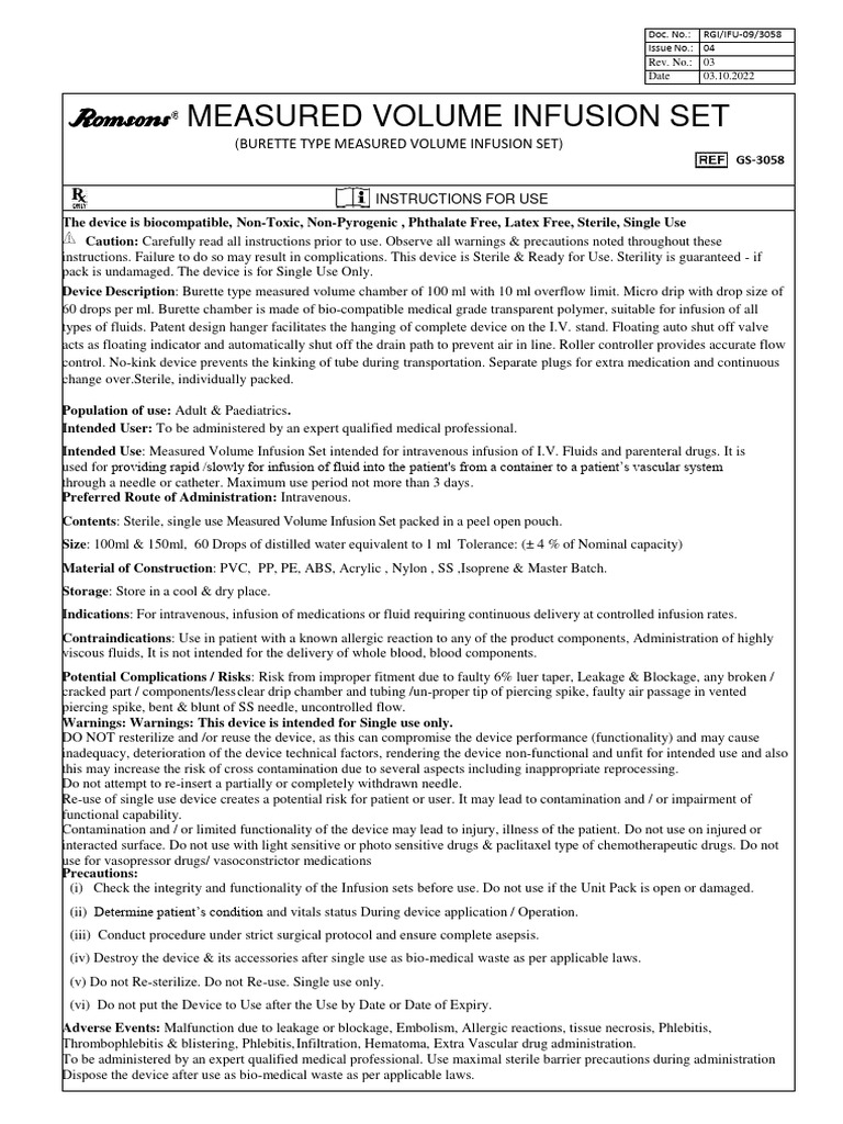 20.0 IFU - Measured Volume Without Needle | PDF | Intravenous Therapy ...