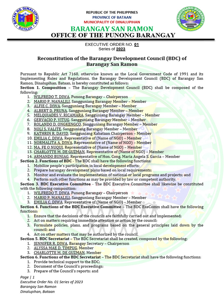 E.o.#01 Barangay Development Council (BDC) 2023 | PDF | Governance ...