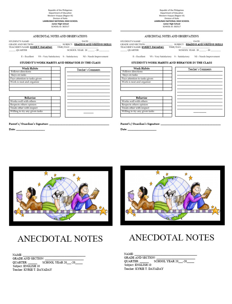 ANECDOTal template | PDF | Teachers | Psychological Concepts