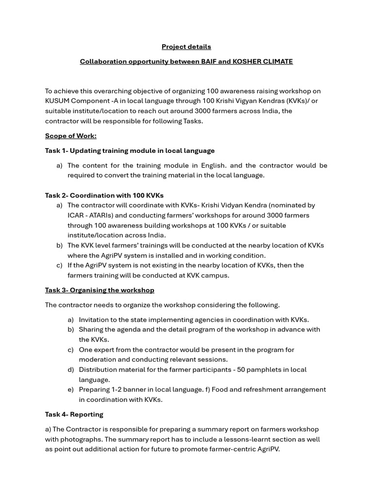 Project Opportunity For JV - BAIF and Kosher Climate | PDF | Employment ...