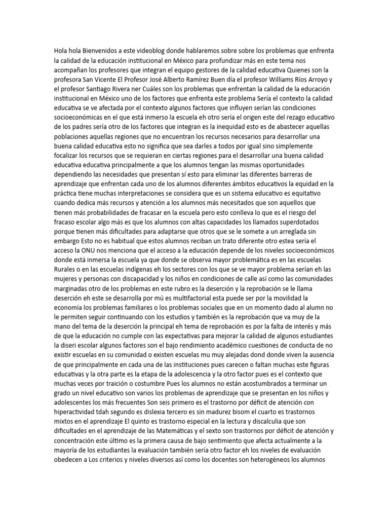 Problemas Que Enfrenta La Calidad de La Educación Institucional en México. Yt | PDF | Desorden ...