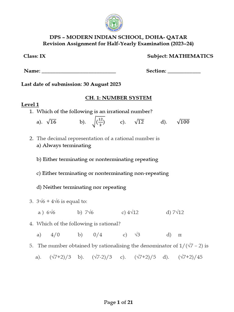 Class Ix-half-yearly Revision Assignment 2023-24 | Download Free PDF ... Class Ix-half-yearly Revision Assignment 2023-24 | Download Free PDF ...