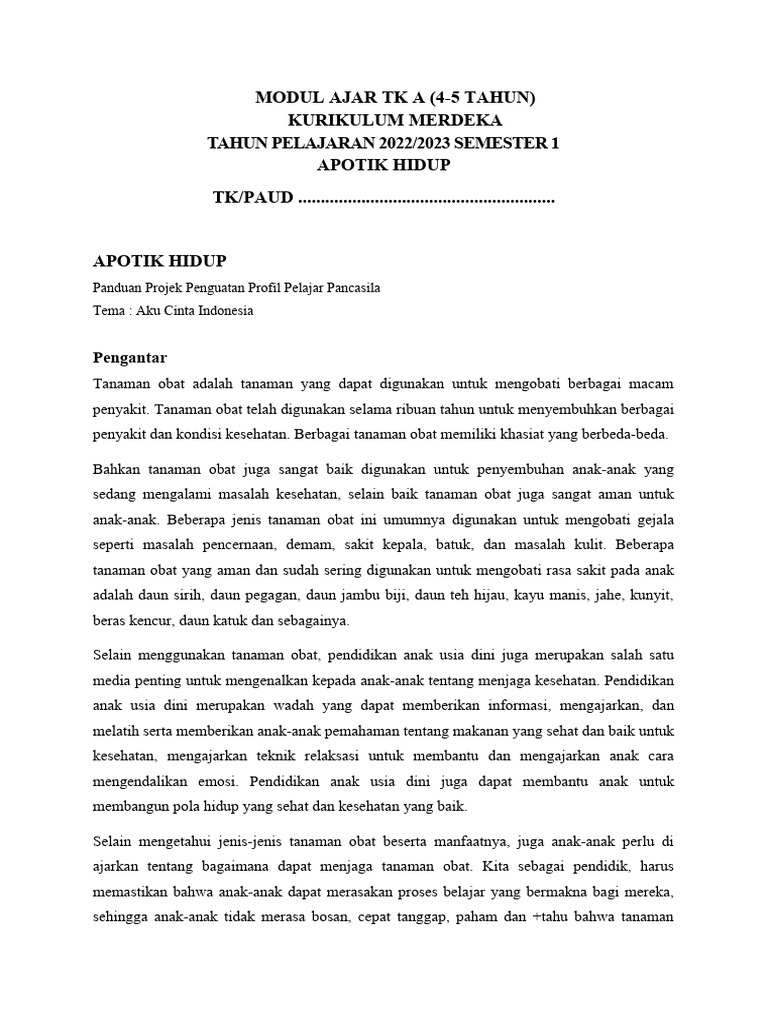 Modul Ajar P5 TK A Smt1 Apotik Hidup | PDF | Karier & Perkembangan