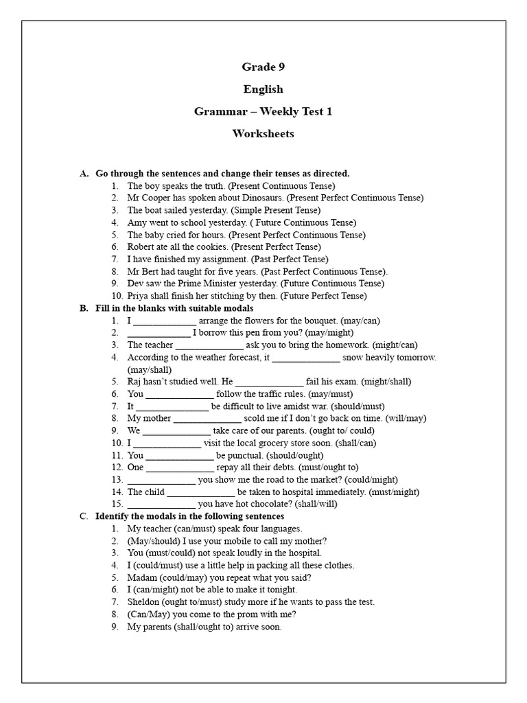 Gr9 Grammar WT1 Worksheet | PDF | Linguistics | Grammar