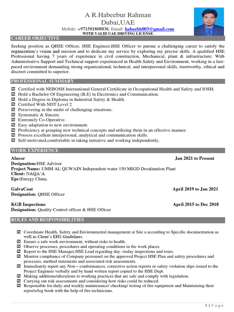 QHSE Officer CV for UAE Opportunities | PDF | Safety | Personal ...