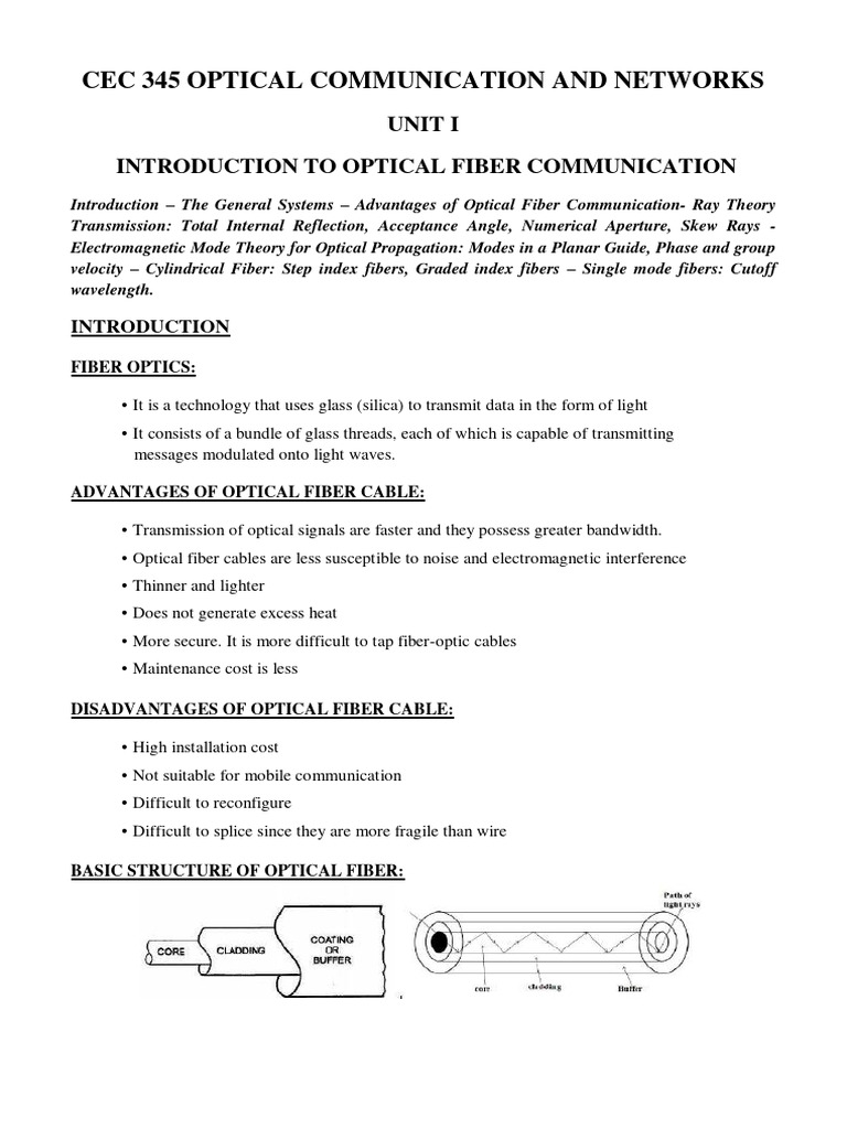 Ocn Unit 1 Notes | PDF | Optical Fiber | Transmission Medium