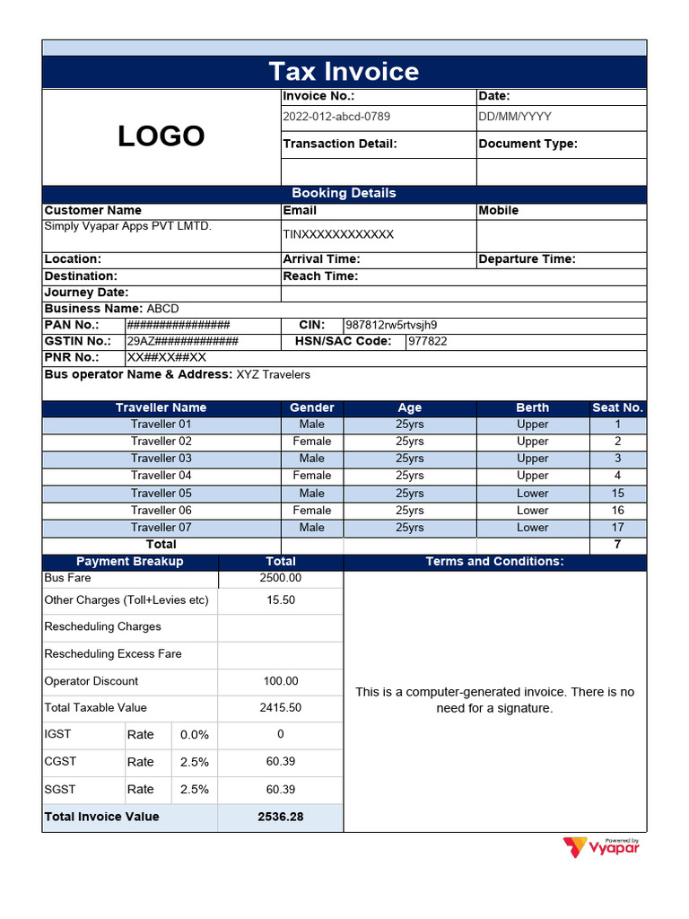 Bus Ticket Invoice Format Sample | PDF