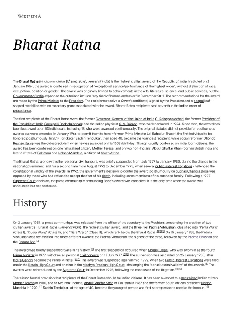 Bharat Ratna - Wikipedia | PDF