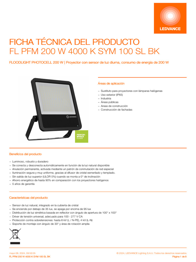 FL PFM 200 W 4000 K SYM 100 SL BK Es | PDF | Electromagnetismo | Electricidad