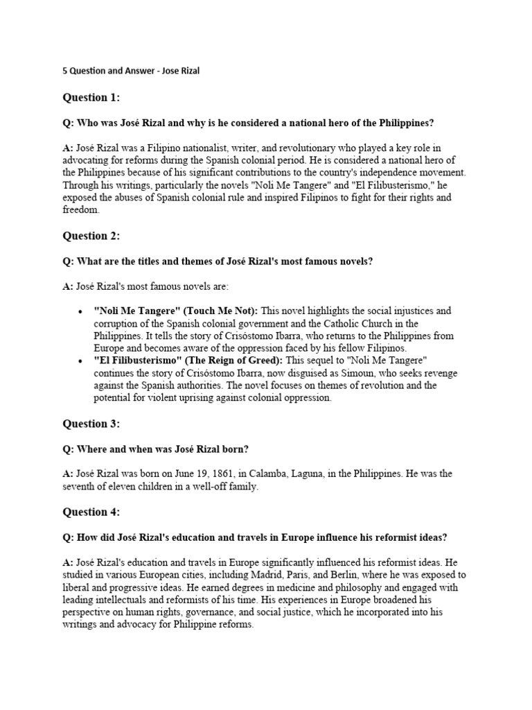 5 Question and Answer - Jose Rizal | PDF | Philippines
