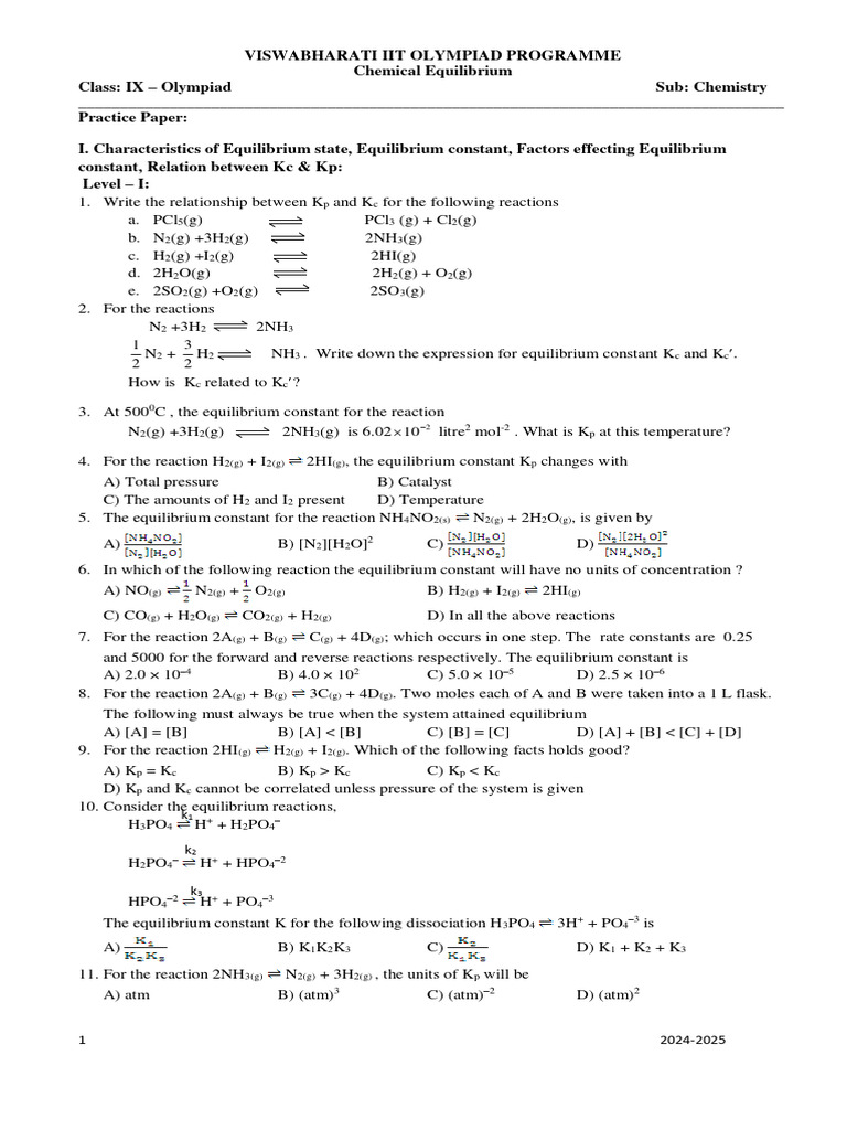 Chemical Equilibrium Practice Paper | PDF | Chemical Equilibrium ...