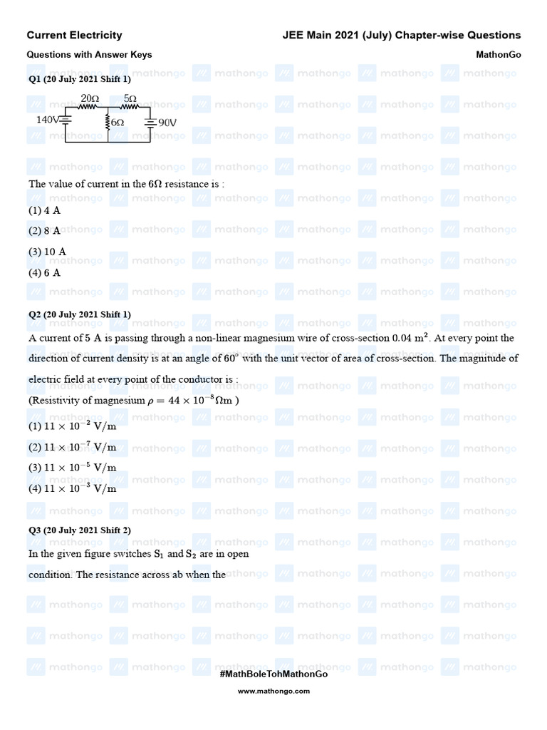 Current Electricity Jee Main 2021 July Chapter Wise Mathongo Pdf 2858