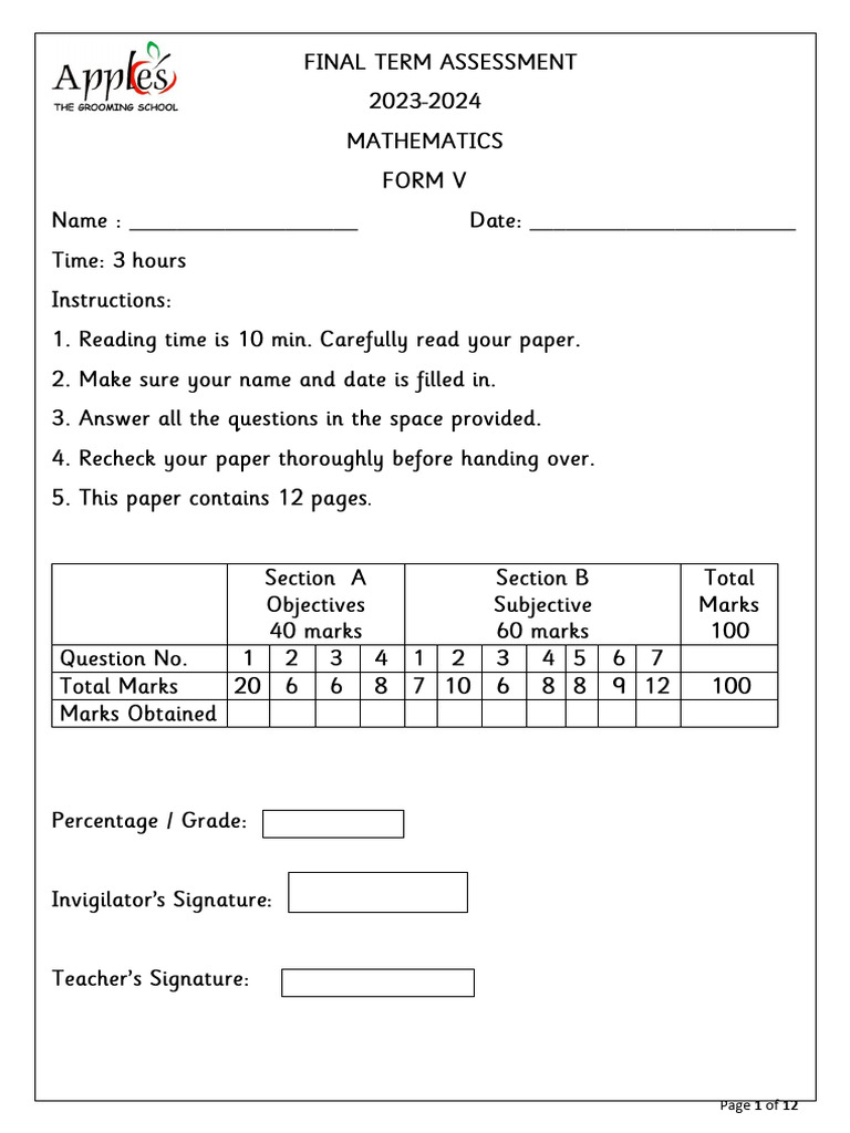 Mathematics Final Assessment Form V | PDF