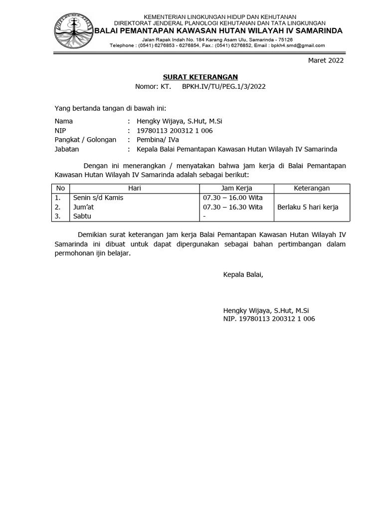 Surat Keterangan Jam Kerja BPKH IV | PDF