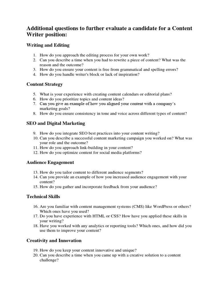 Additional Questions To Further Evaluate A Candidate For A Content ...