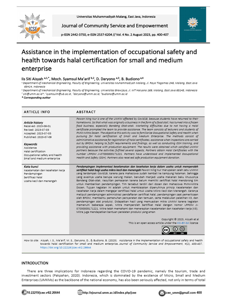 Assistance in the Implementation of Occupational Safety and Health Towards Halal Certification ...