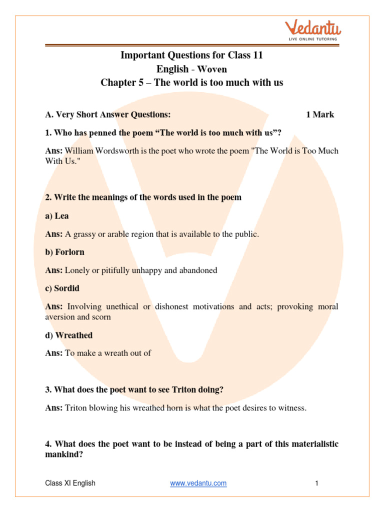 Important Questions Class 11 English Woven Words Chapter 5 Poem | Download Free PDF | Beauty