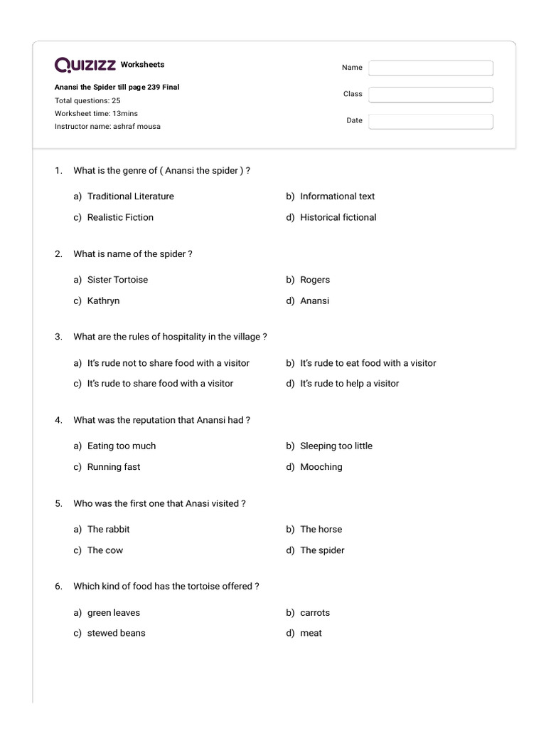 Anansi the Spider Worksheet Quiz | PDF | Anansi | Trees