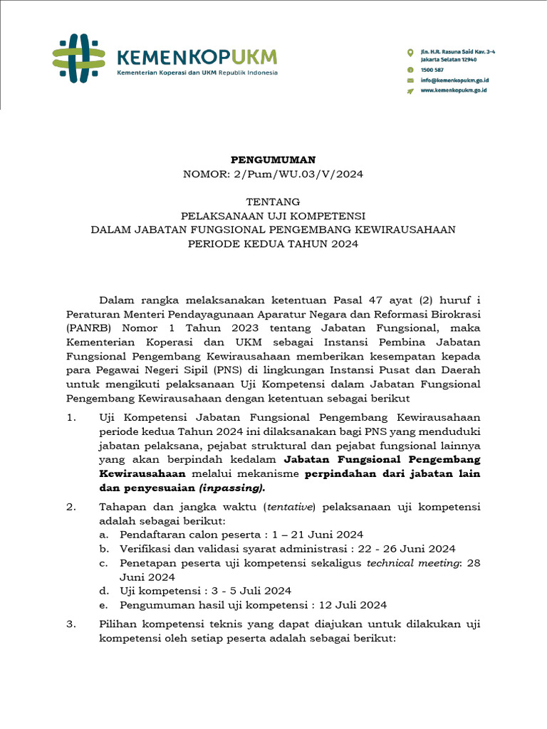 Pengumuman Uji Kompetensi Jfpkwu Periode Kedua Tahun 2024 | PDF | Bisnis