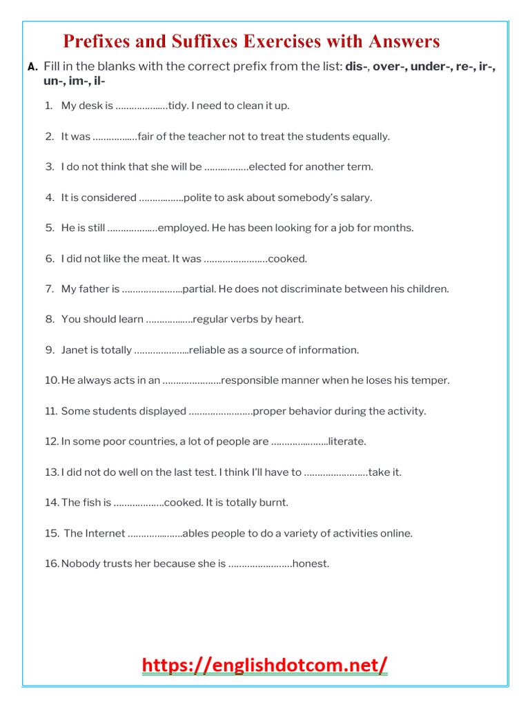 Prefixes and Suffixes Exercises With Answers PDF | PDF