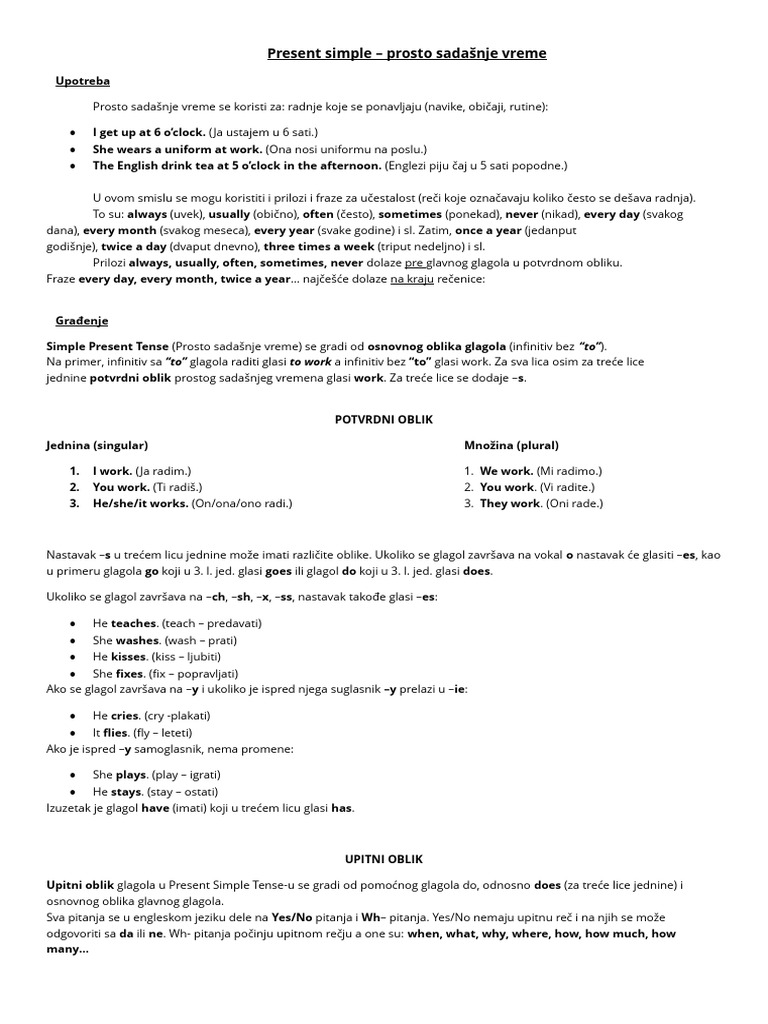 Present Simple Objašnjenje I Vežbanja | Download Free PDF | Linguistic ...