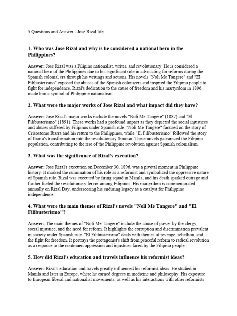 5 Questions and Answer - Jose Rizal Life | PDF | Philippines