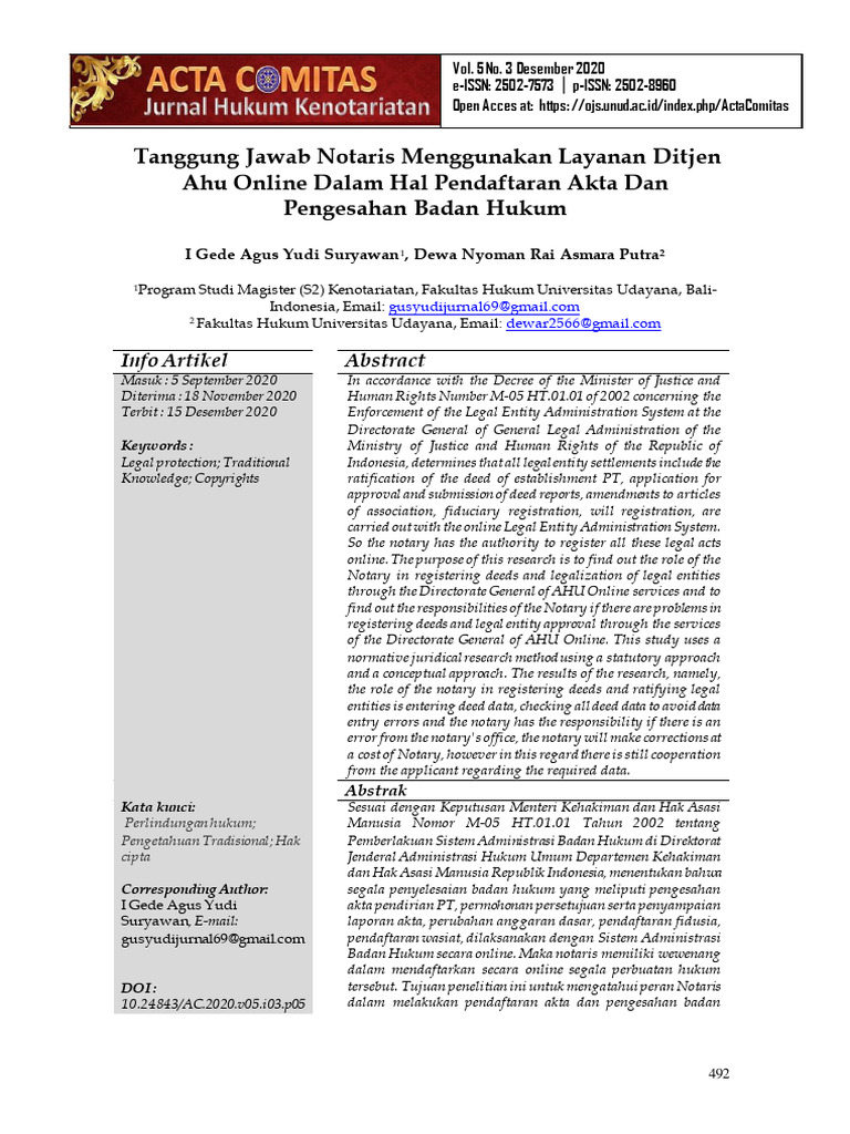 Tanggung Jawab Notaris Menggunakan Layanan Ditjen Ahu Online Dalam Hal Pendaftaran Akta Dan ...