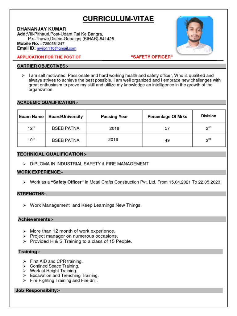 Dhananjay Kumar Safety Officer | PDF | Occupational Safety And Health | Safety