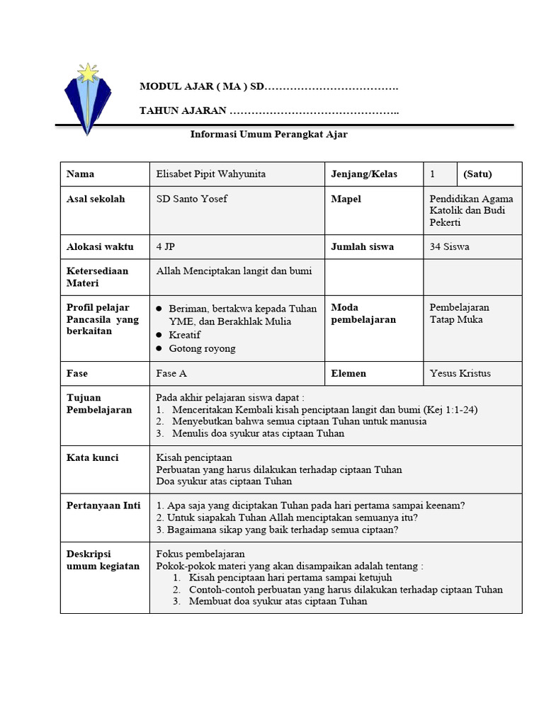 Modul Ajar Agama Katolik Materi Diriku Kelas 1 SD | PDF