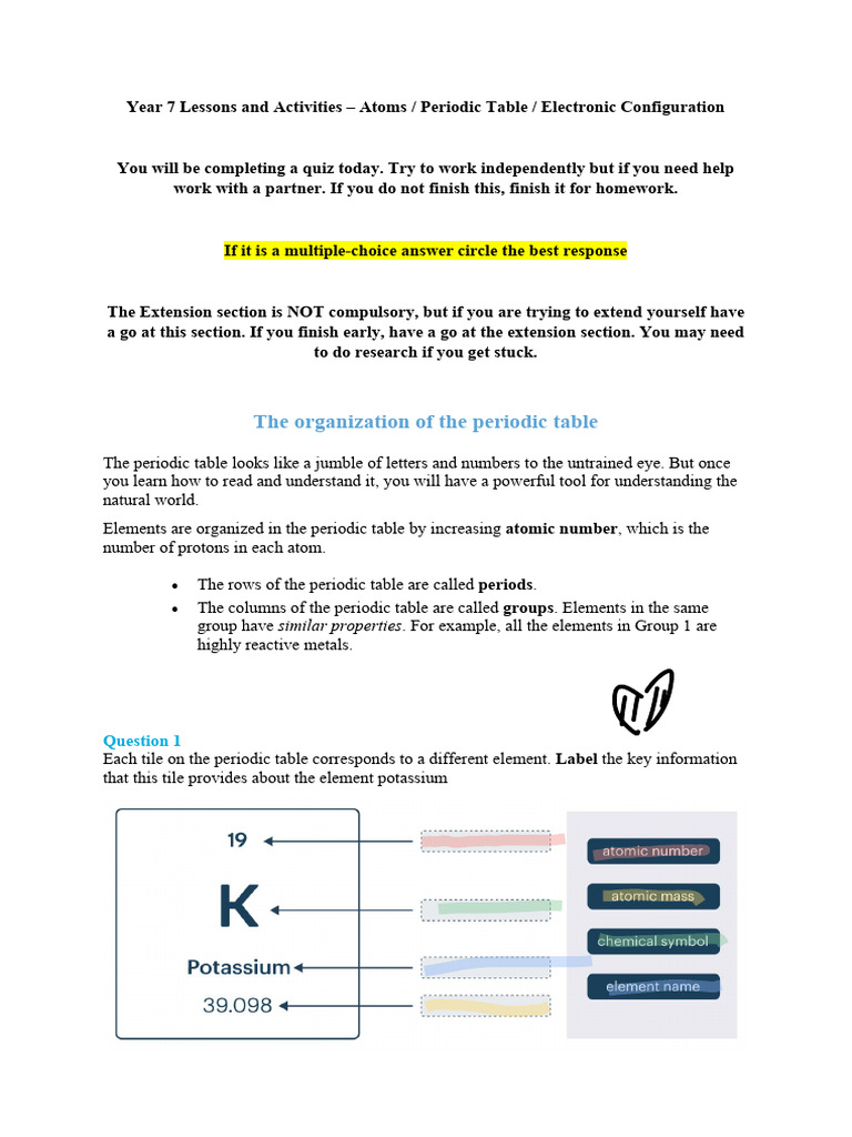 Year 7 Periodic Table Quiz and Activities | PDF | Periodic Table ...