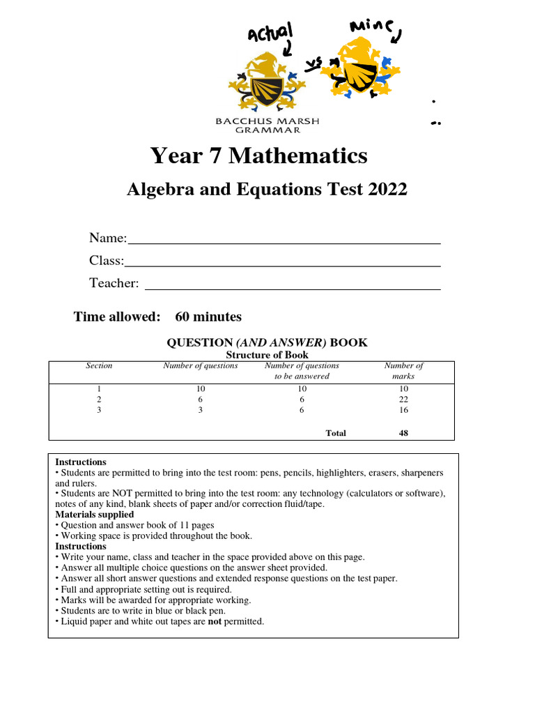 Algebra and Equations Test Yr 7 2022 FINAL | PDF | Multiple Choice ...