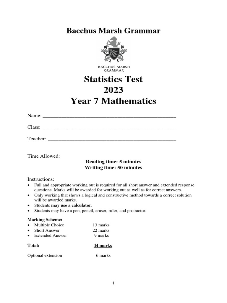 Statistics Test 2023 FINAL | PDF | Mean | Multiple Choice