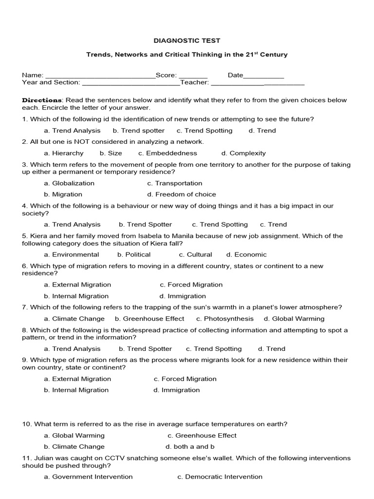 Diagnostic Exam g12 Trends | PDF | Climate Change | Placebo