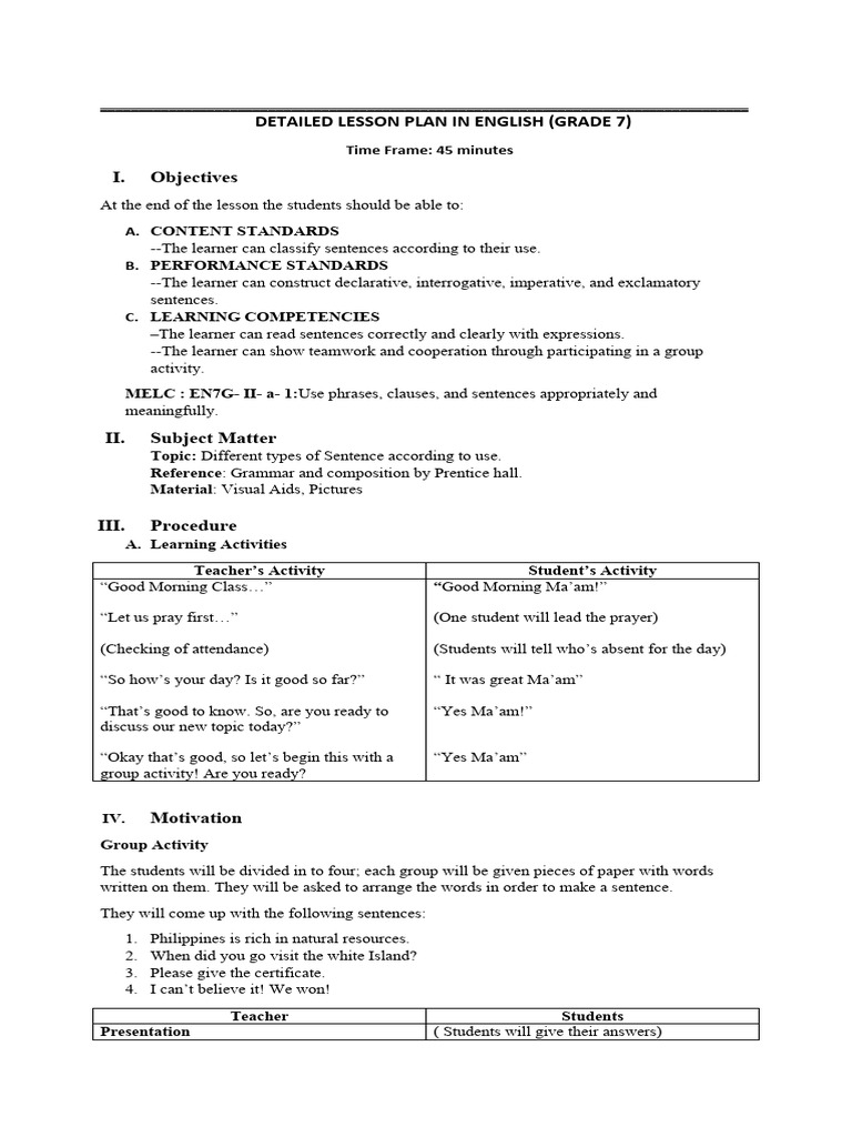 DETAILED LESSON PLAN IN ENGLISH | Download Free PDF | Question | Sentence (Linguistics)