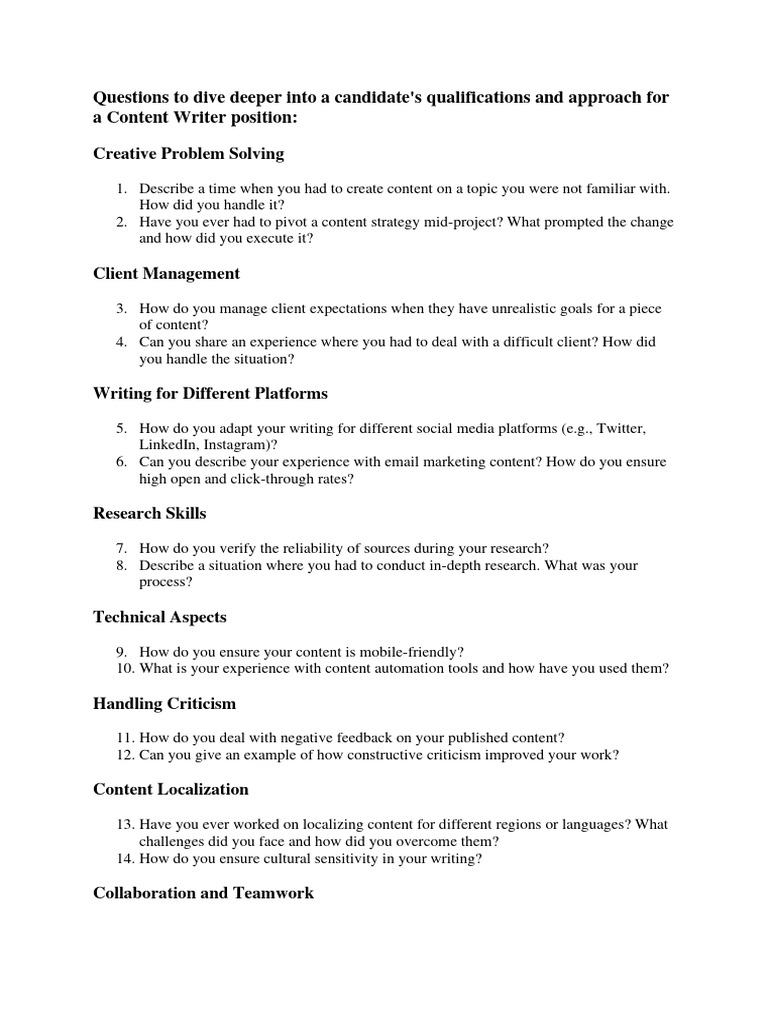 Questions To Dive Deeper Into Content Writer Download Free Pdf Experience Learning