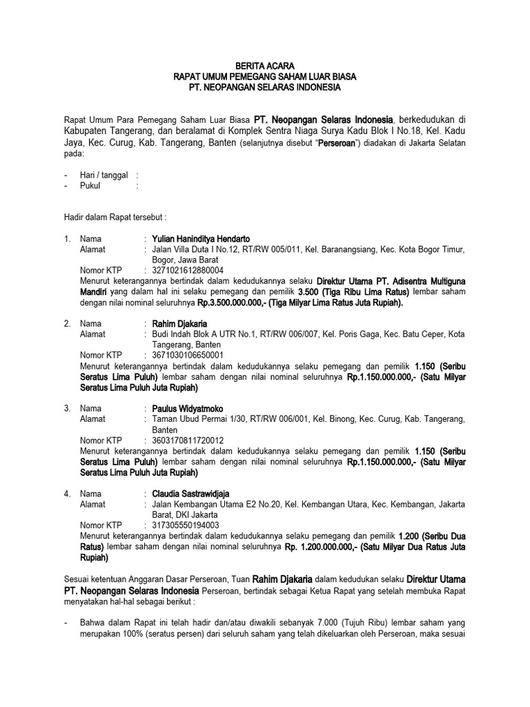 KEPUTUSAN RUPS - PT. Neopangan Selaras Indonesia - Mei 2021 | PDF