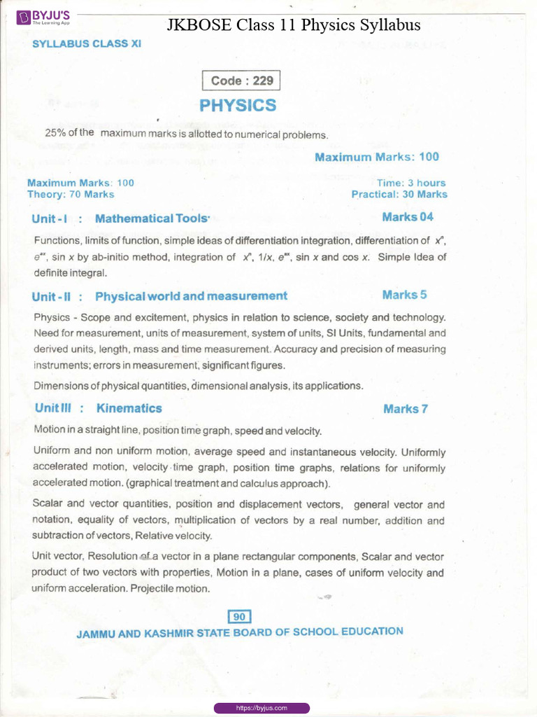 JKBOSE Class 11 Physics Syllabus | PDF