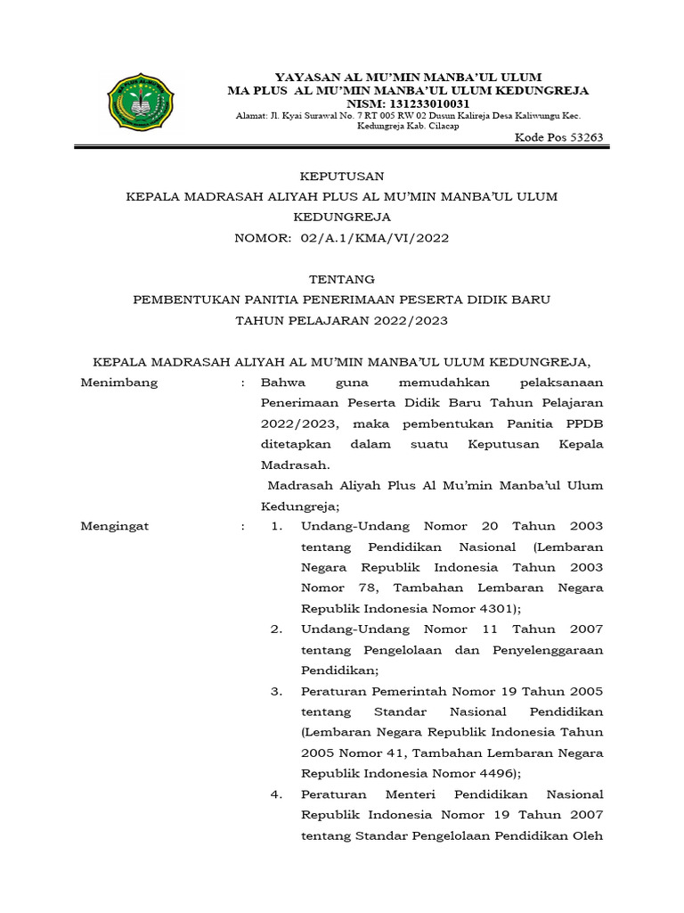 SK Panitia PPDB 2022-2023 | PDF