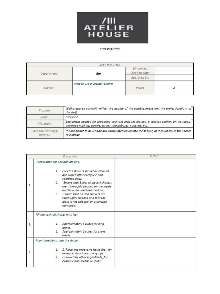 Sop-How To Use A Cocktail Shaker (AHH) | PDF | Drink | Cocktails