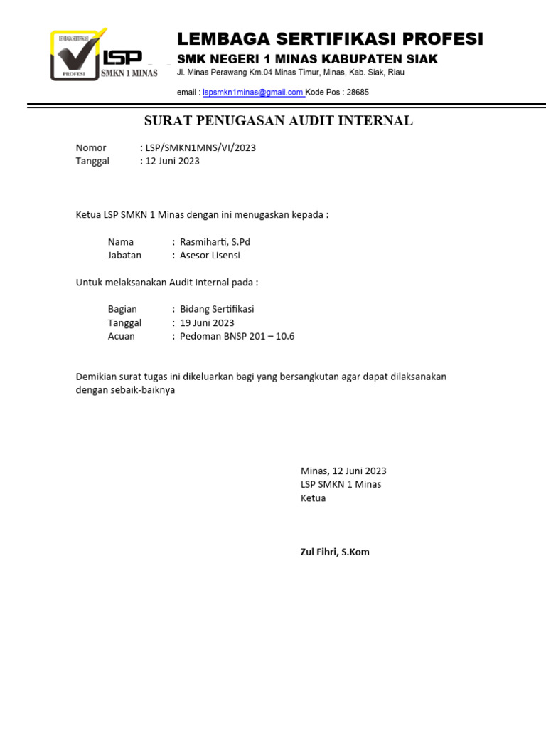 Surat Penugasan Audit Internal | PDF