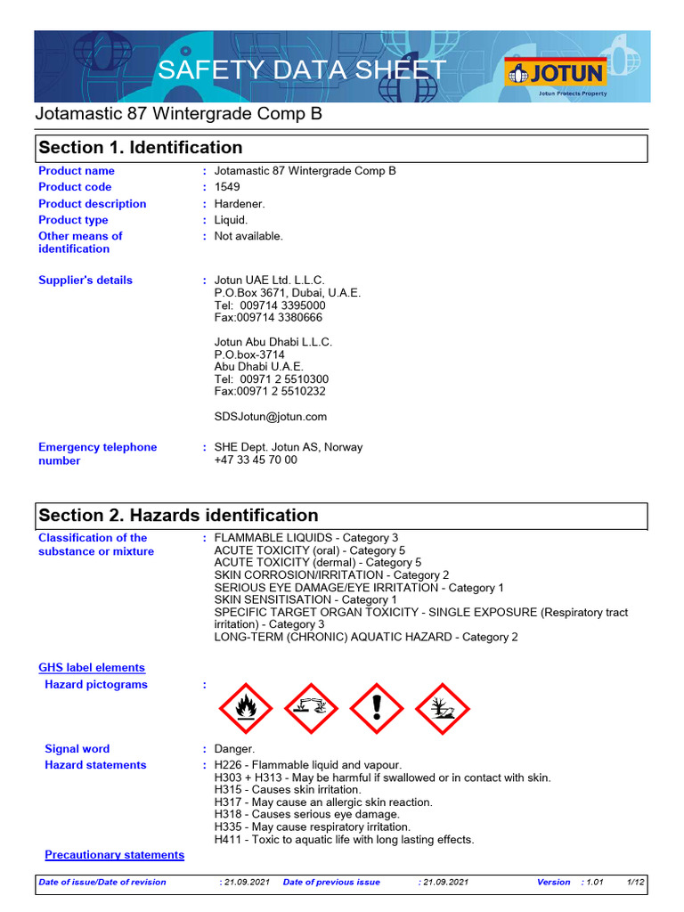 Jotamastic 87 Wintergrade Comp B SDS | PDF | Toxicity | Dangerous Goods