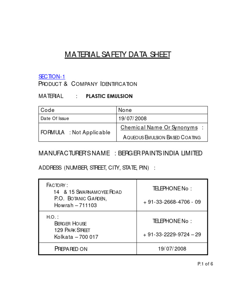 Plastic Emulsion - MSDS | Download Free PDF | Water | Liquids