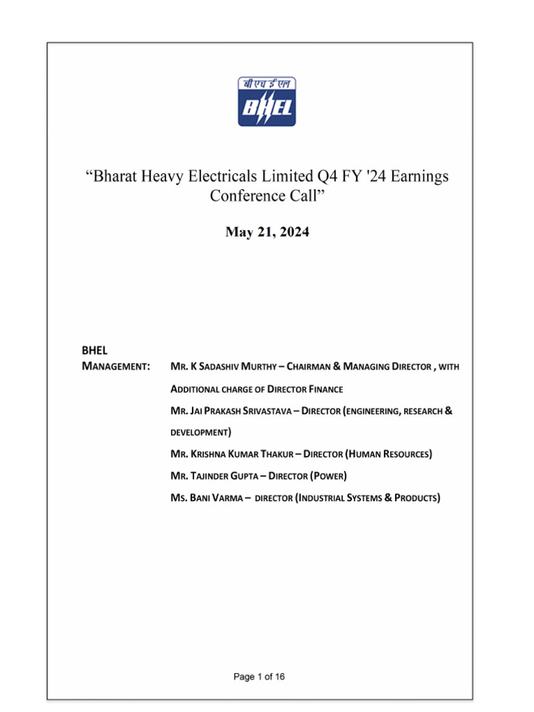 BHEL-Transcript CONCALL Q4FY24-May21 - 2024 | PDF