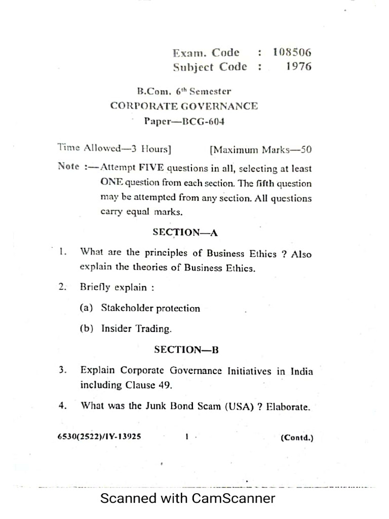 Corporate Gover - Bcomph - 6th Sem - 2022 | PDF