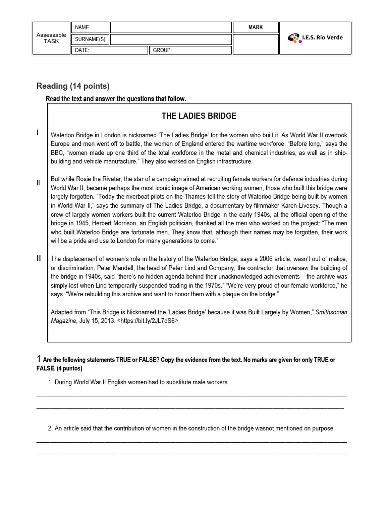 Assessable Task READING EVAU The Ladies Bridge | PDF | Travel