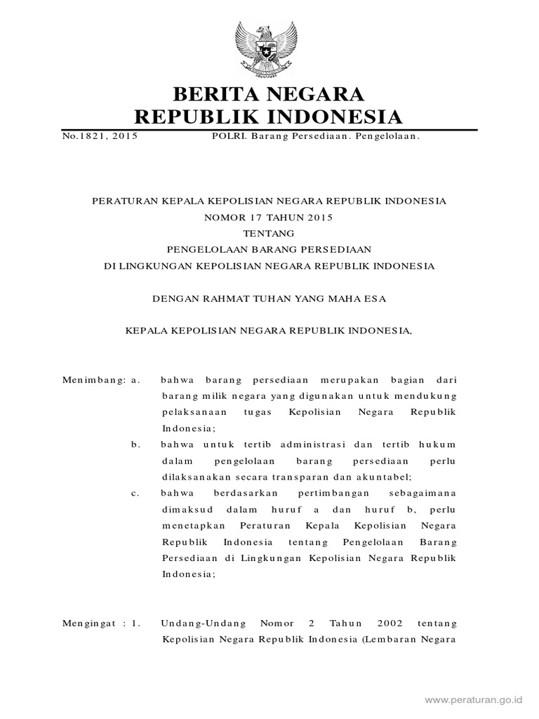 Perkap No. 17 Th. 2015 TTG Pengelolaan Barang Persediaan | PDF